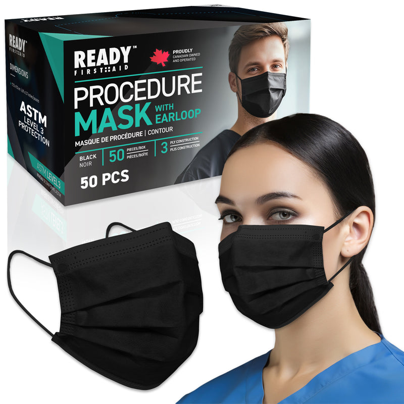 Ready First Aid ASTM Level 3 Black Surgical Mask 3-Ply 50pcs – 72hours.ca